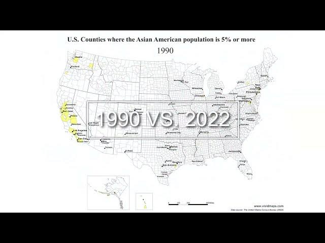 Asian American Population Growth by County: 1990-2022 (5%+ Threshold)